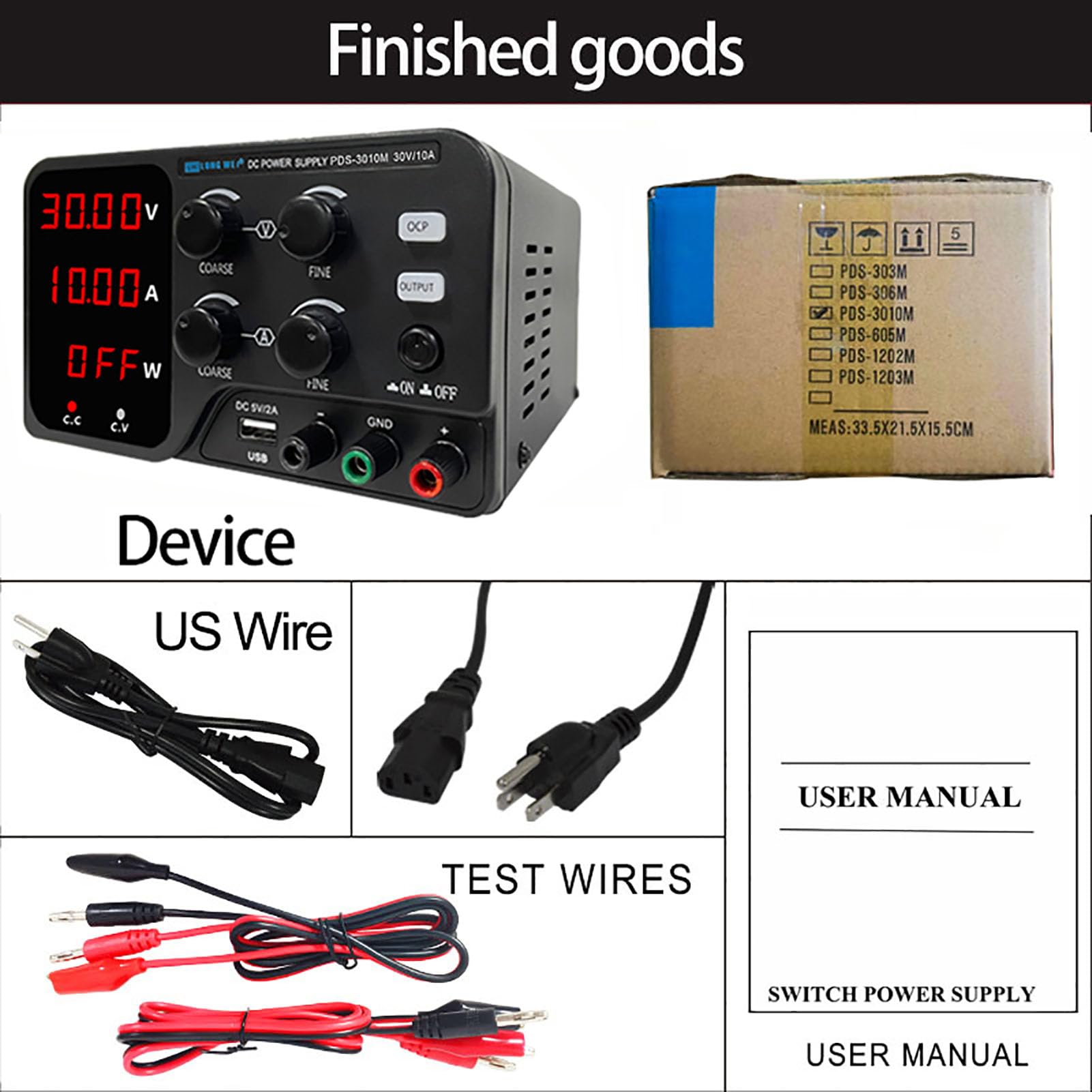 LWLONGWEI DC Power Supply Variable,30V 10A Adjustable Switching Regulated DC Bench Power Supply with 4-Digits LED Power Display 5V/2A USB Output, Coarse and Fine Adjustments Black