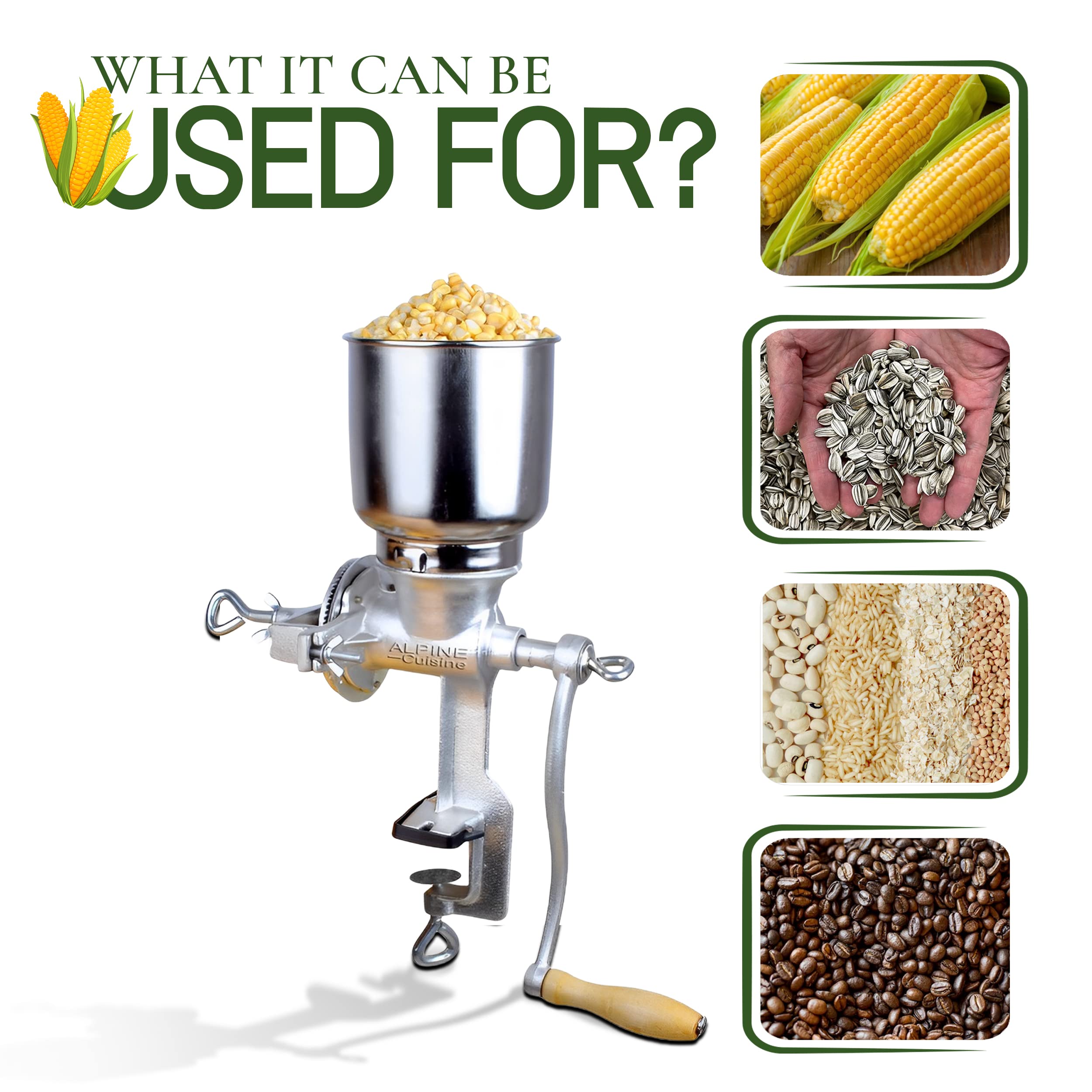 Alpine Cuisine Cast Iron Corn Grinder 17 Inch with High Hopper, Grinder for Corn Coffee Food Wheat Oats Nuts Spices Seeds Herb Grinder Great for Restaurants Kitchens Bakery
