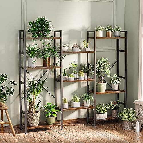 Boloni Triple Bookshelf, Bookcase with 11 Open Platforms, Large Etagere Wood Bookcase with Metal Frame for Living Room, Bedroom, Brown