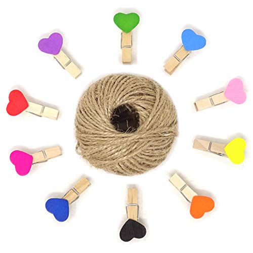 HONBAY 50PCS 3.5cm Mini Heart Shaped Wooden Clothespins Colored Craft Clips with 100 Feet Natural Jute Twine for Wedding Party Decoration