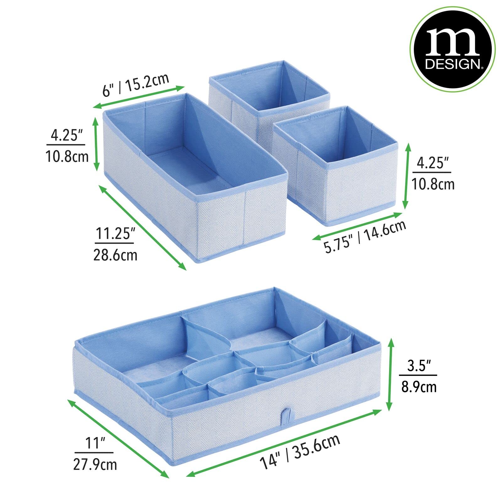 mDesign Fabric 4-Piece Drawer Organizer Bins, Kids/Baby Nursery Dresser, Closet, Shelf, Playroom Organization, Hold Clothes, Toys, Diapers, Bibs, Blankets, Blue Herringbone