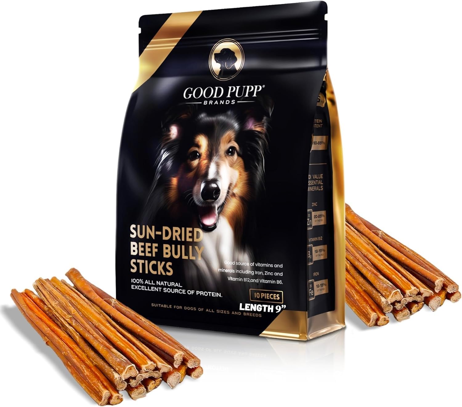 The Good Pupp 100% Natural Beef Bully Sticks for Dogs - 9 Inch, Sun-Dried, Rough Cut Bully Sticks, Large Dog Bully Chews, Rawhide-Free (10 Pack)