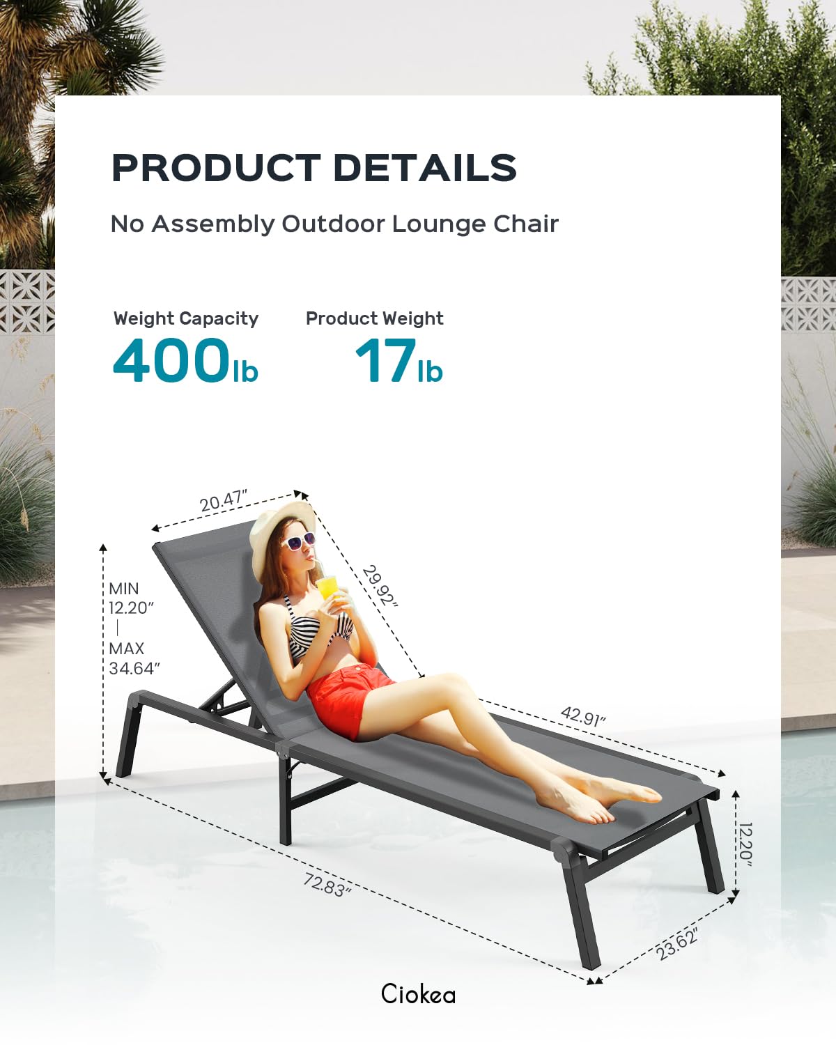 Aluminum Chaise Lounge Ourdoor - Foldable & Assemble Free Outdoor Lounge Chair with 5 Adjustable Backrest, Patio Lounge Chair for Outside Poolside Beach Pool, Grey