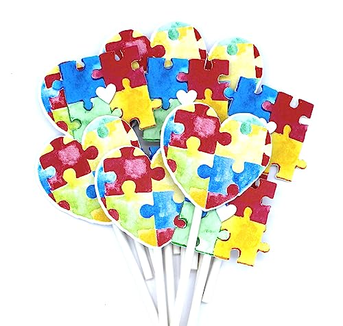 Autism Cupcake Toppers 12 pcs, Puzzle Cake Picks, Colorful Heart Birthday Decoration Party Supplies