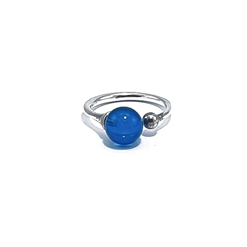 AMBER ALEX Blue Amber Round Bead Adjustable Ring Sterling Silver, Genuine Caribbean Amber.