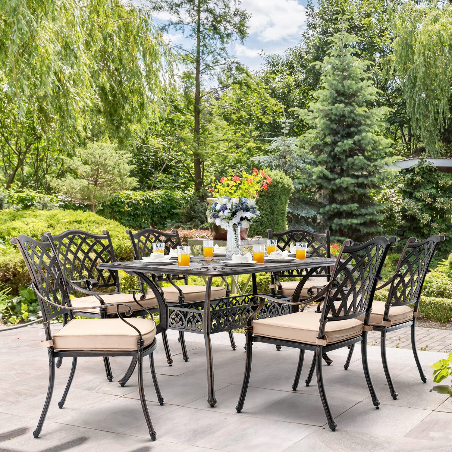 ππ’π₯π’π¬π¦ππ’π₯ π ππ’πππ Outdoor Dining Set Cast Aluminum Retro Patio Dining Set for 6 includes 59β Rectangular Table and 6 Chairs with Thicker Cushion and Umbrella Hole for Patio Deck Garden