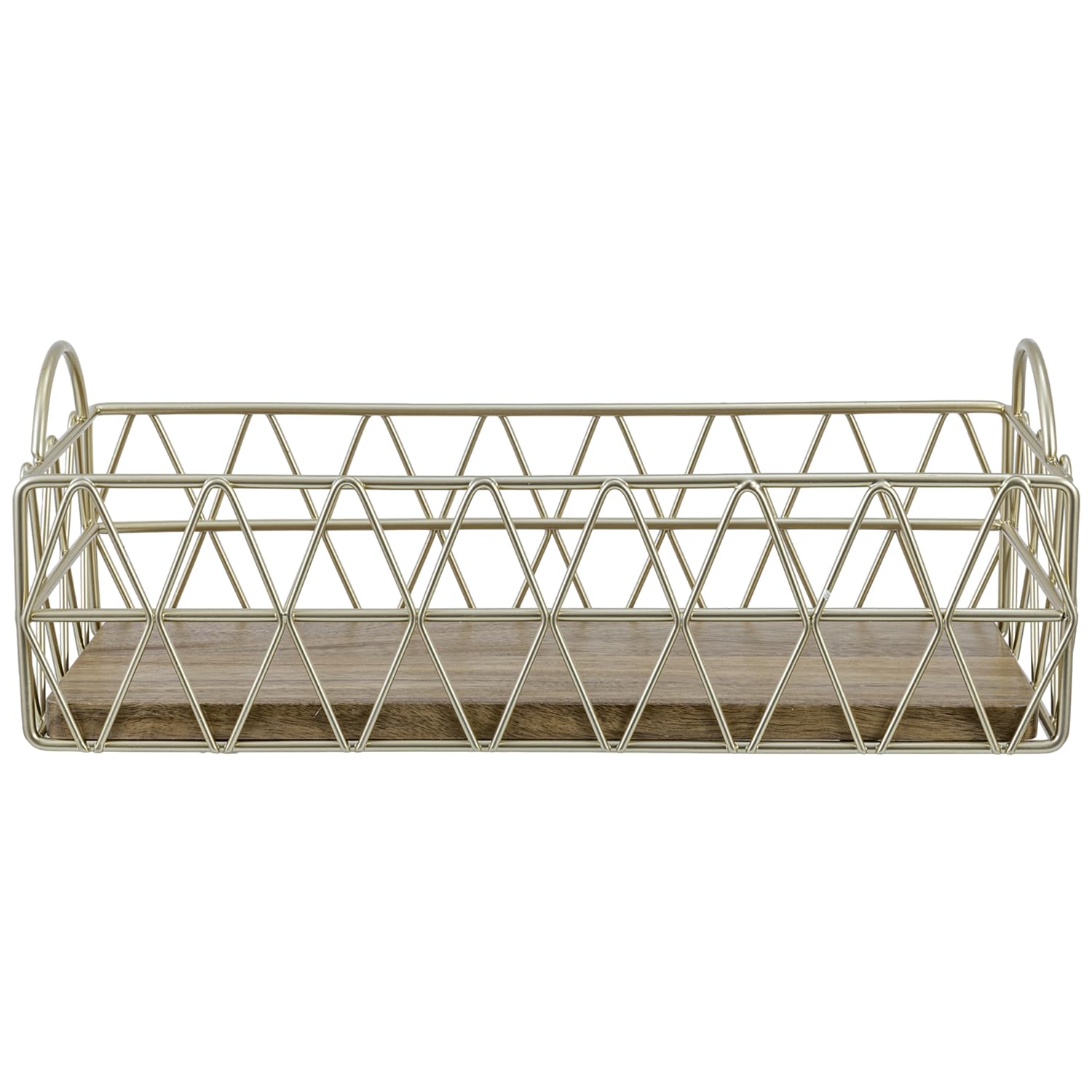MyGift 16 Inch Toilet Tank Storage Tray with Premium Solid Acacia Wood Base and Brass Tone Metal Geometric Wire Frame, Bathroom Sink Vanity Toilet Paper Holder with Handles