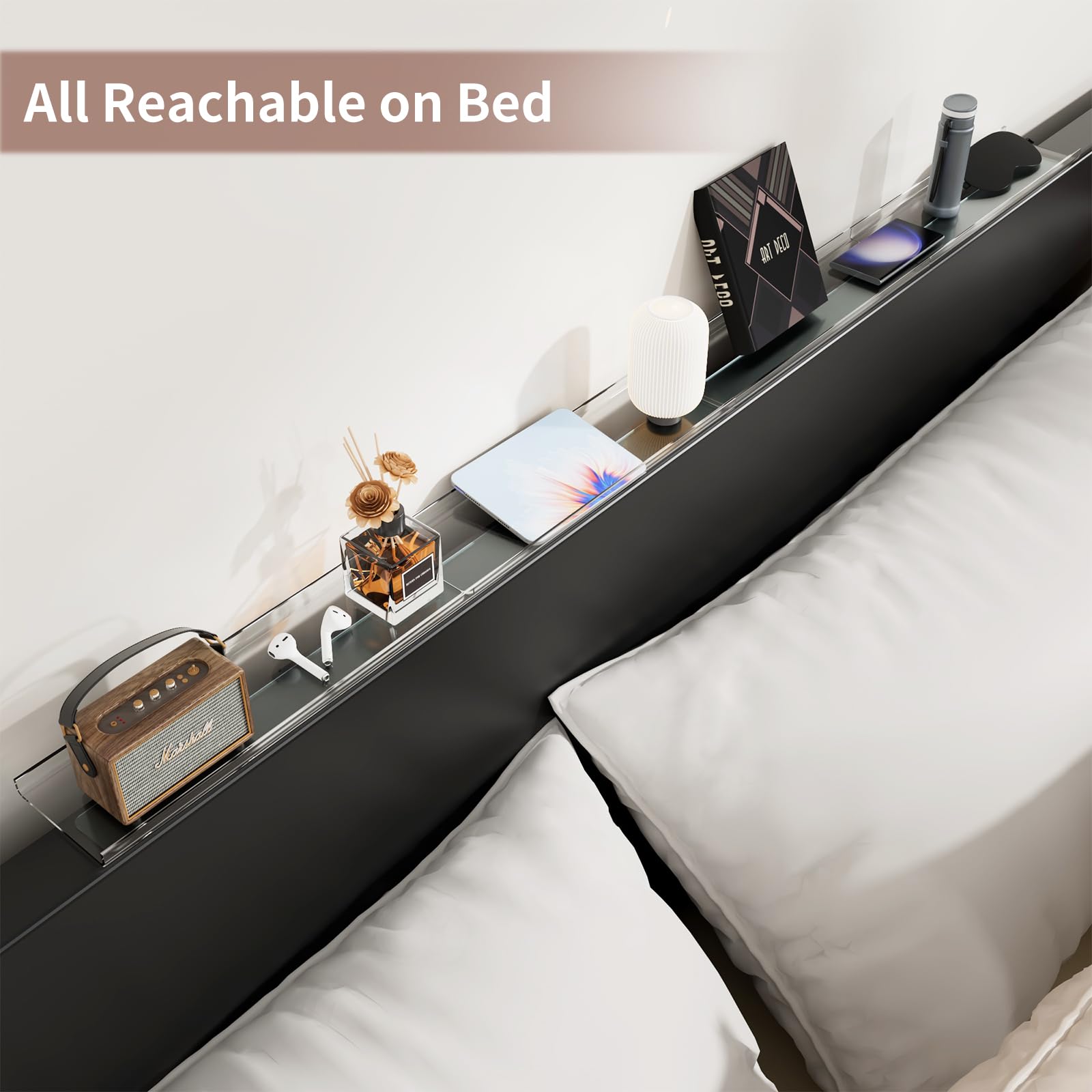 LUOLAO Clear Acrylic Floating Headboard Shelf Set of 4, Bed Caddy and Bedside Shelf Easily Expand Space, Bedside Storage Platform and Organizer for Dorm Room and Bunk Bed, Adhesive Shelf