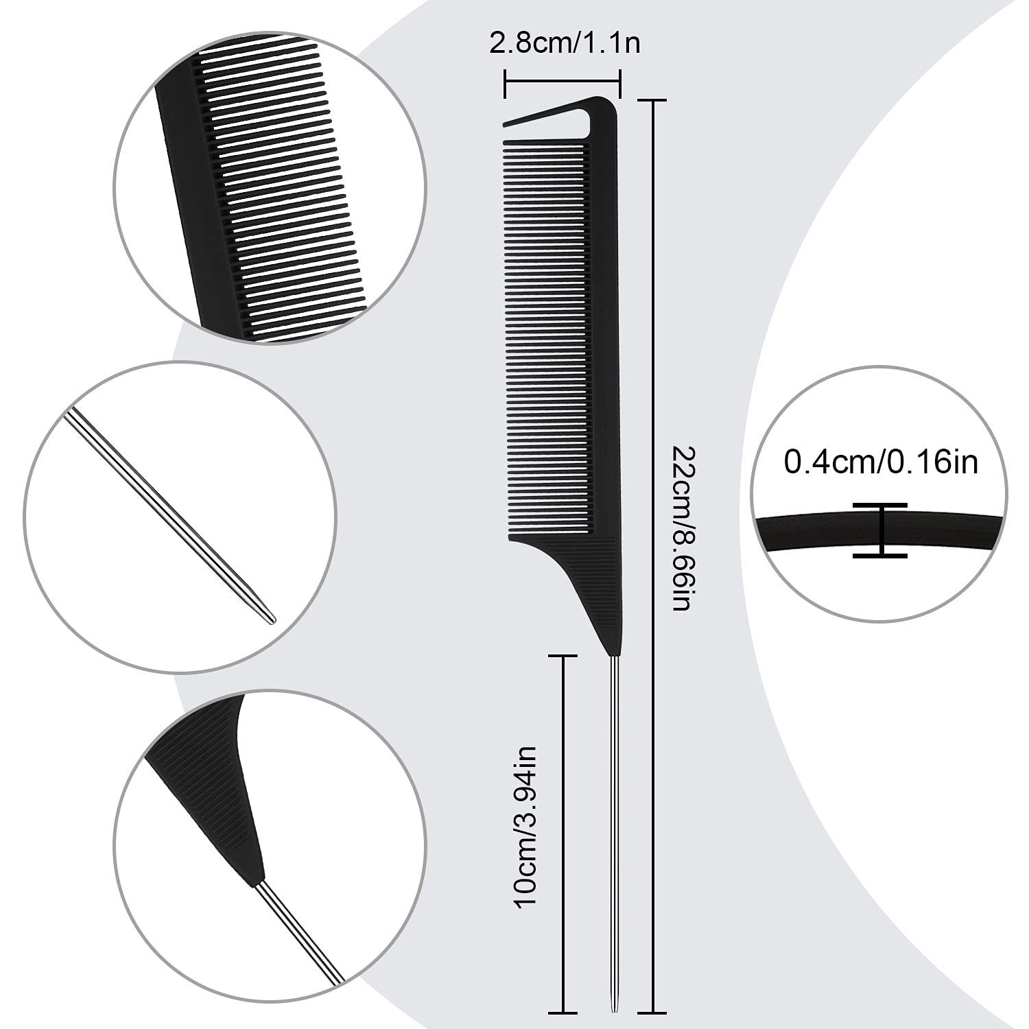 6 Pieces Hair Parting Comb Stainless Steel Pintail Comb Rat Tail Comb Teasing Combs for Hair Cutting Hairdressing Styling