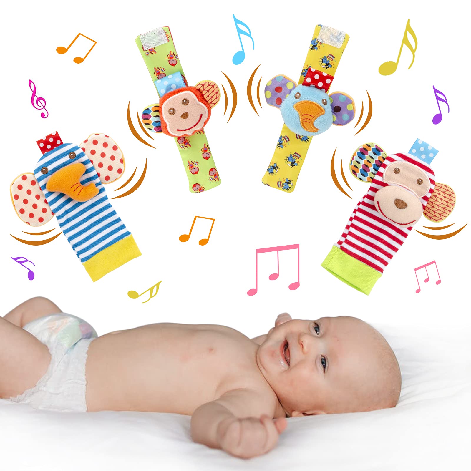 Baby Rattle Socks and Baby Foot Finder - Baby Toys 0-12 Months Baby Wrists Rattle and Socks Foot Finders Set - Developmental Infant Toys 0-12 Months for Baby Girls & Boys