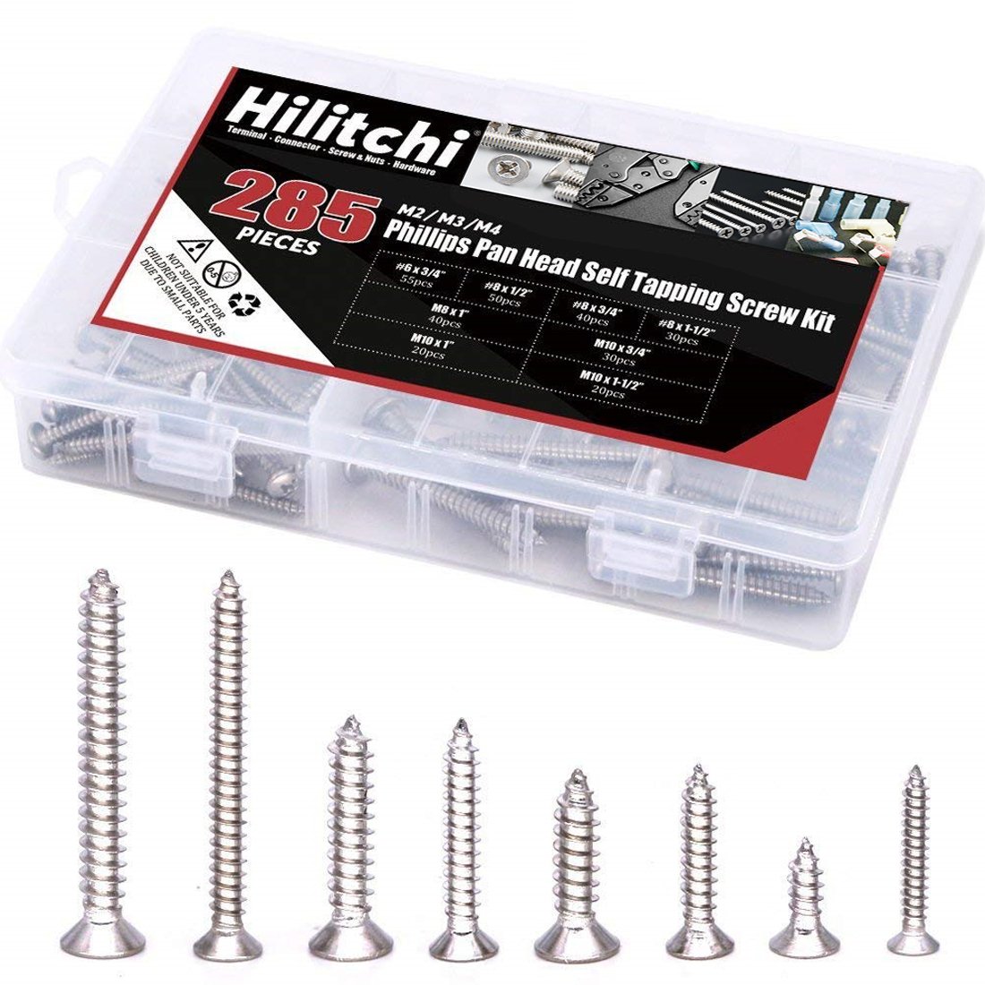Hilitchi 285-Piece Stainless Steel Phillips Flat Head Self Tapping Screw Assortment Kit (Flat Head)