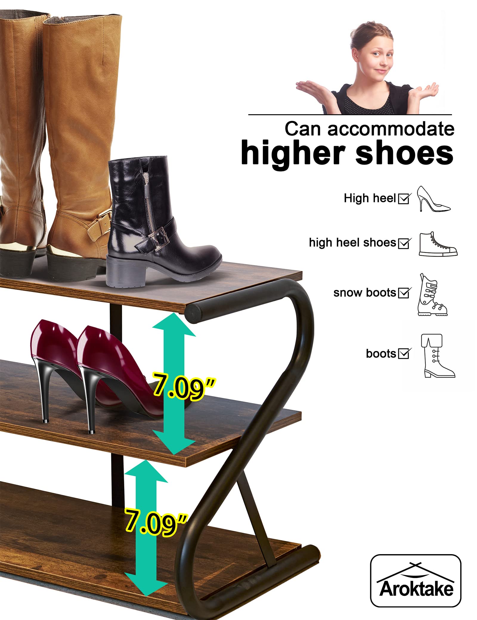 Aroktake 3-Tier Shoe Rack, Z-Frame Wooden Shoe Shelf with Durable Metal Shelves for Hallway, Living Room, Closet, Bedroom (Rustic)