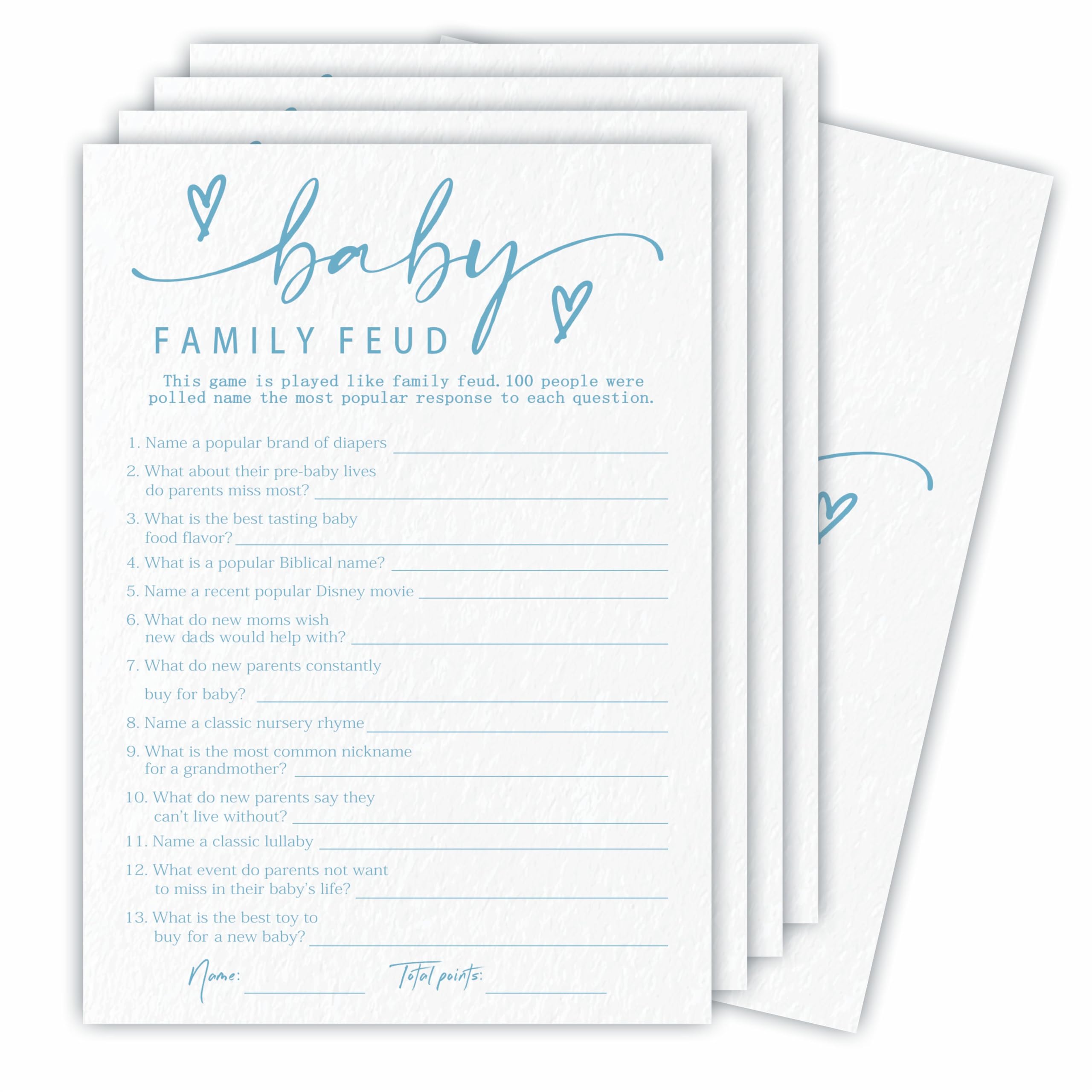 Baby Family Feud Game Set For Baby Shower - Minimalism White & Blue - 30 Double-Sided Fill In Style Game Cards With Answer Cards, Gender Reveal, Baby Announcement, Party Favor & Supplies - A04