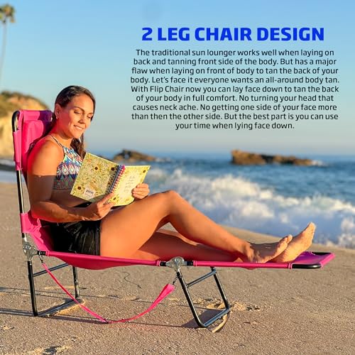 Face Down Tanning Chaise Lounge Chair - Face & Arm Holes - 2 Legs Support - Polyester Material β Backrest Positions - Head Rest Pillow - Beach or Home Use - Read and Tan - Pink Stripes Pattern