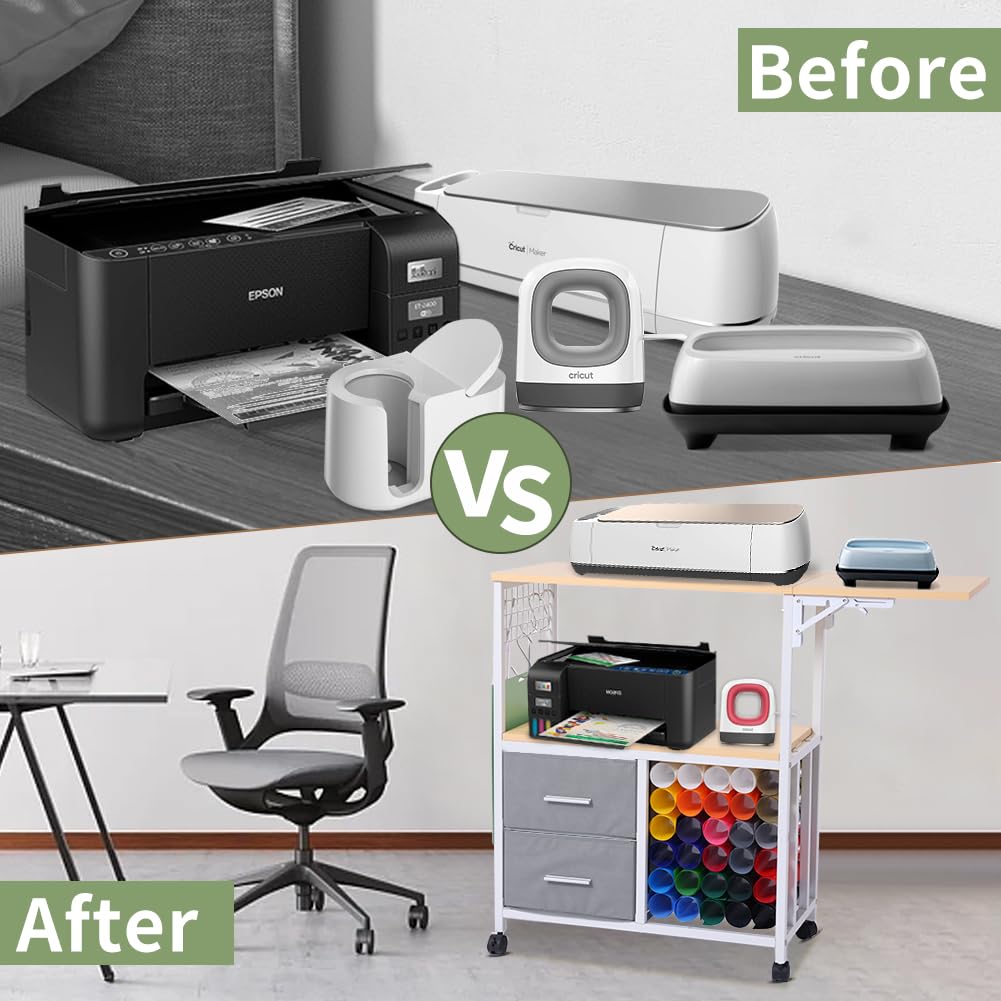 Organization and Storage Cart Compatible with Cricut Machines,Rolling Craft Storage Removable Vinyl Holders and Drawer, Crafting Desk with Storage for Craft Room