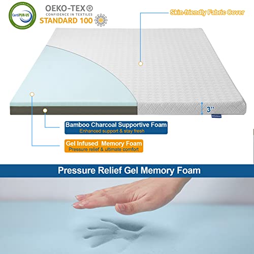 Bomdaia 3 Inch Gel Memory Foam Mattress Topper Twin XL, High Density Bamboo Charcoal Cooling Mattress Pad, Pressure Relieving Bed Topper for Back Pain, Foam Topper with Removable & Breathable Cover