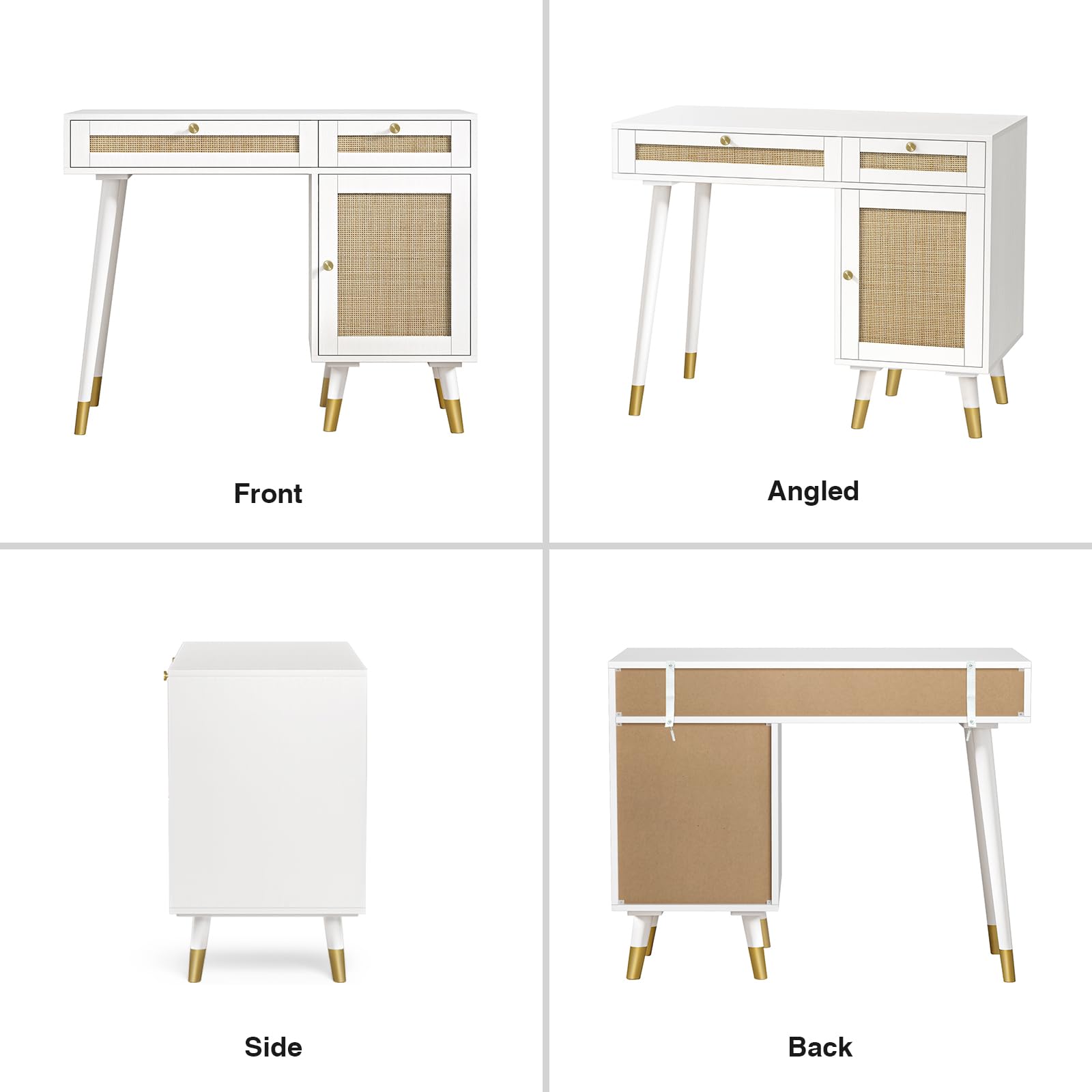 Anmytek Rattan Vanity Desk with Drawers and Storage, White Makeup Vanity Table Modern Home Office Desk Computer Desk for Study D0006