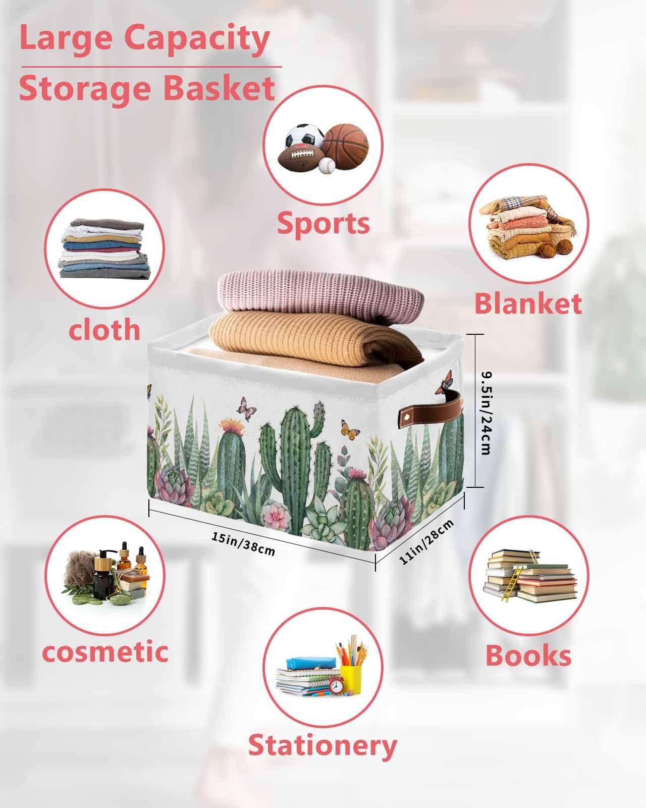 Tropical Cactus Cube Storage Organizer Bins with Handles,15x11x9.5 Inch Collapsible Canvas Cloth Fabric Storage Basket,Books Bin Boxes,Closet Green Summer Fall Succulent Plant Butter-fly 1 Pack