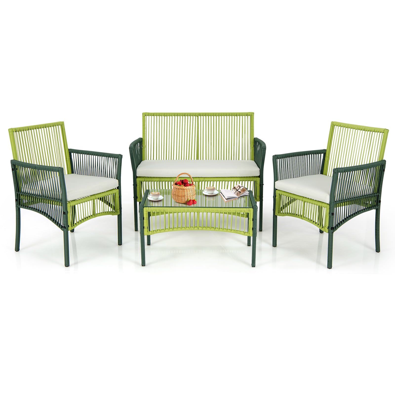 Tangkula 4 Pieces Outdoor Rattan Chair Set, Patiojoy Patio Wicker Conversation Set W/Soft Cushions, Tempered Glass Tabletop, Solid Metal Frame, for Backyard, Poolside, Balcony