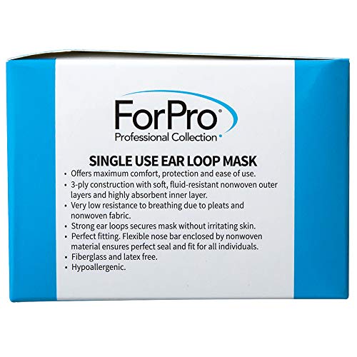 ForPro Single Use Ear Loop Mask, 3-Ply Disposable Non-Woven Face Mask, Latex-Free, Hypoallergenic, Fiberglass-Free, Protects Against Pollen, Dust, 50-Count