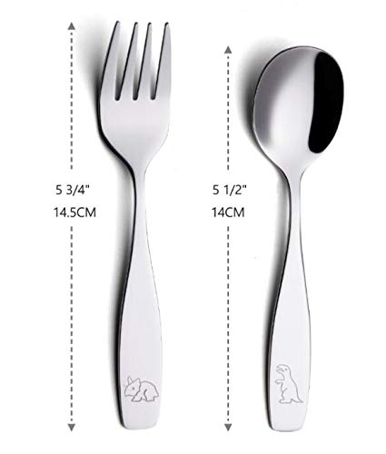 ANNOVA Children's Flatware 12 Pieces Set - Stainless Steel Silverware 6 x Safe Forks, 6 x Dinner Spoons - Kids Toddler Utensils Lunch Box (Engraved Dinosaurs T-Rex, Triceratops)