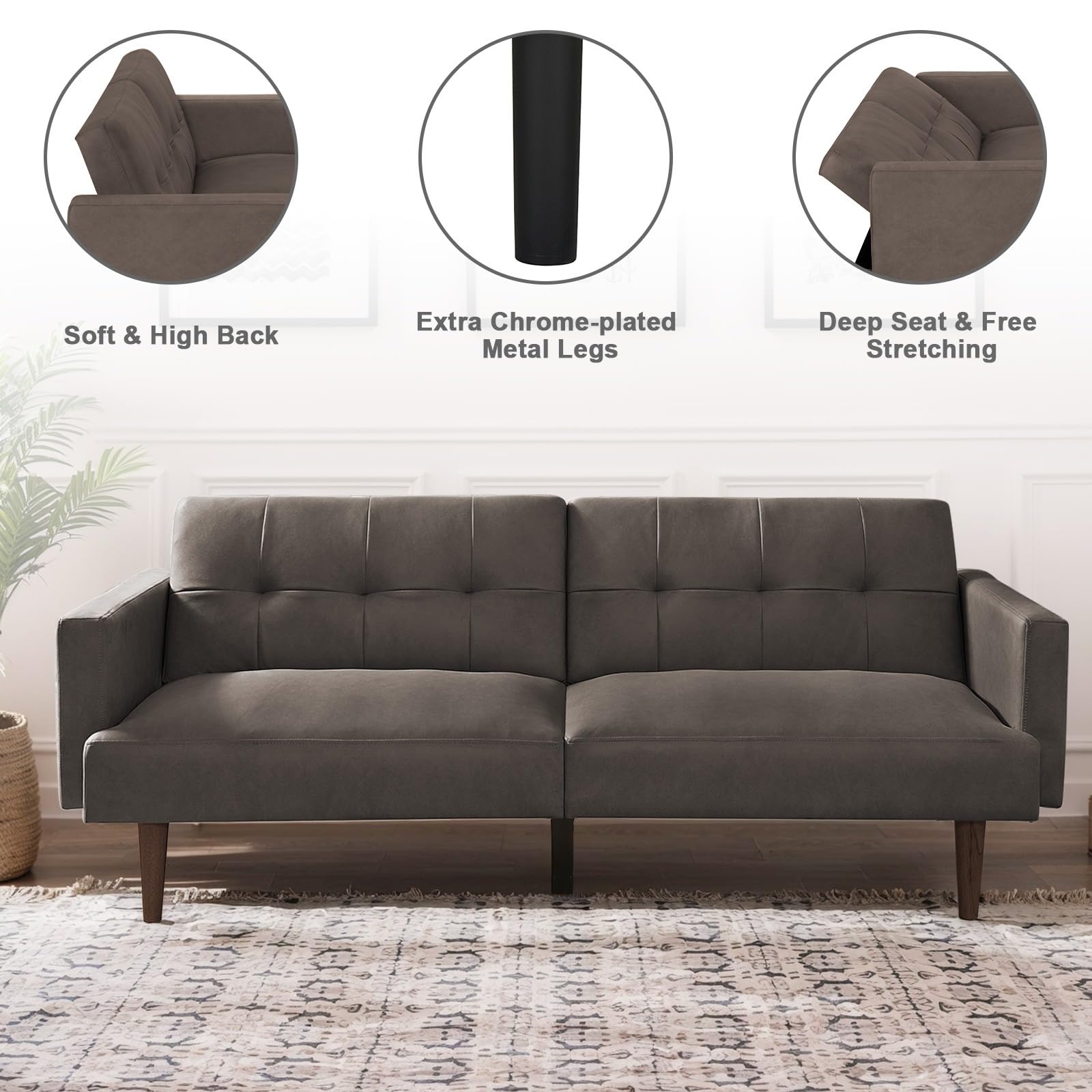 Artfurniz Folding Futon Sofa Bed: Reclining Sleeper Loveseat Convertible Modern Faux Leather Couch for Living Room Bedroom Apartment Solid Wood Leg, Dark Grey