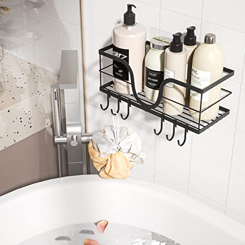 Alsonerbay Shower Caddy, Adhesive Shower Organizer, No Drilling Shower Shelf with Hooks for Bathroom Storage, Rustproof 304 Stainless Steel Shower Rack, 2 pack, Matte Black