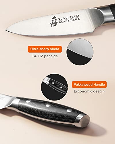 TUO Paring Knife 3.5 inch Fruit Peeling Knife Ultra Sharp Kitchen Chef Knife - German HC Steel Full Tang Pakkawood Handle - BLACK HAWK SERIES with Gift Box