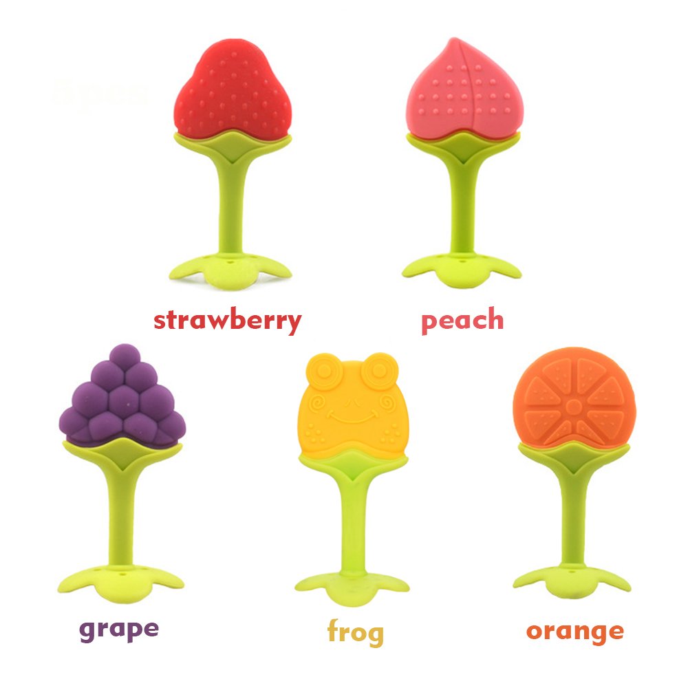 Baby Teething Toys - Natural Organic Freezer Safe Teether Set with Pacifier Clip for 3 to 12 Months Babies, Soft Silicone Fruit Teethers Toys, Infant and Toddler(5 Pack)
