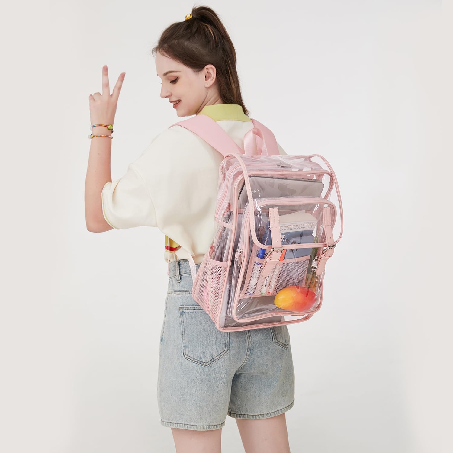 abshoo Transparent Clear Backpack Heavy Duty Backpack For School Teen Girls Women Clear Bookbag (Pink)