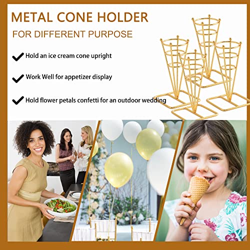 BLBYHO Single Metal Gold Ice Cream Cone Holder Stand, Individua Waffle Cone Holder Sushi Hand Roll Stand for Standard Size Ice Cream Cones Appetizer Charcuterie Cones, Sugar Cones, Sushi (4 Pack)