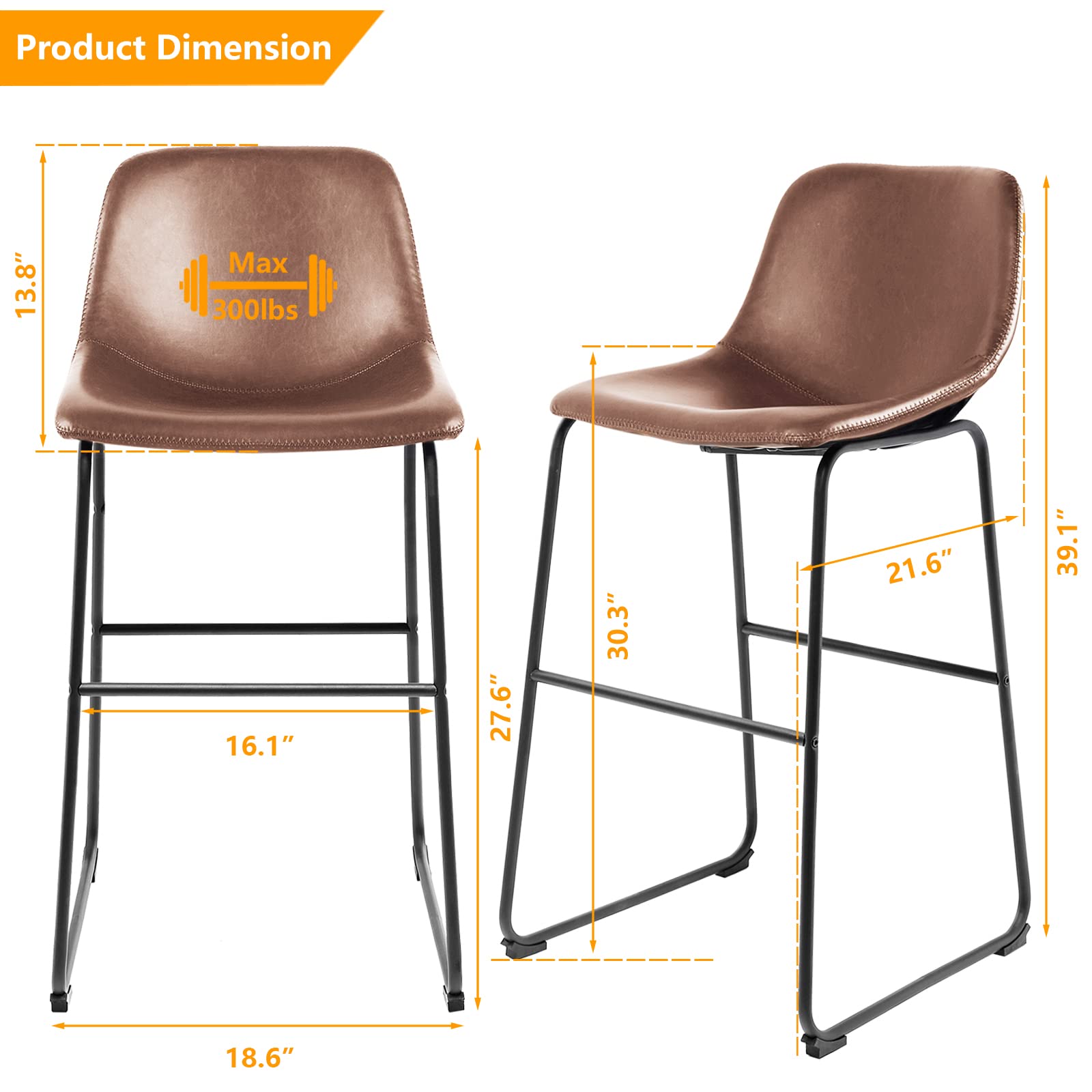5Rcom PU Leather Bar Stools, Set of 2, Tall Bar stools with Back and Footrest, Modern Upholstered Bar Height Stools with Black Metal Legs, 30-inch Seat Height Chairs for Kitchen Home Office Pub, Brown