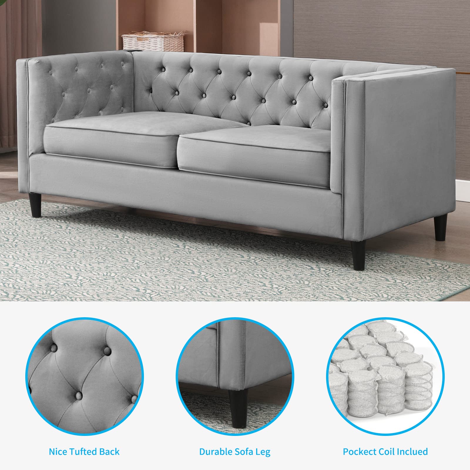 Mjkone Velvet Sofa 69'' W, Compact Loveseat Couch with Solid Wood Legs, Button Tufted Futon for Small Spaces, Mid-Century Modern Style Big 2 Seat Couch for Living Room, Apartment, Office - Dark Gray