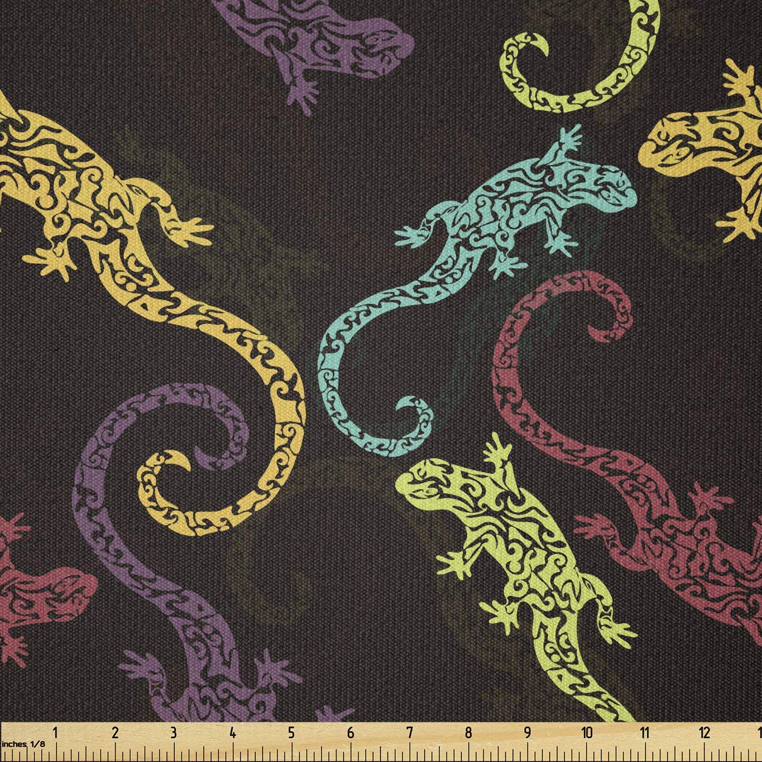 Ambesonne Gecko Fabric by The Yard, Abstract Reptiles Composition of Lizards with Motifs on Brown Toned Background, Stretch Knit Fabric for Clothing Sewing and Arts Crafts, 3 Yards, Multicolor