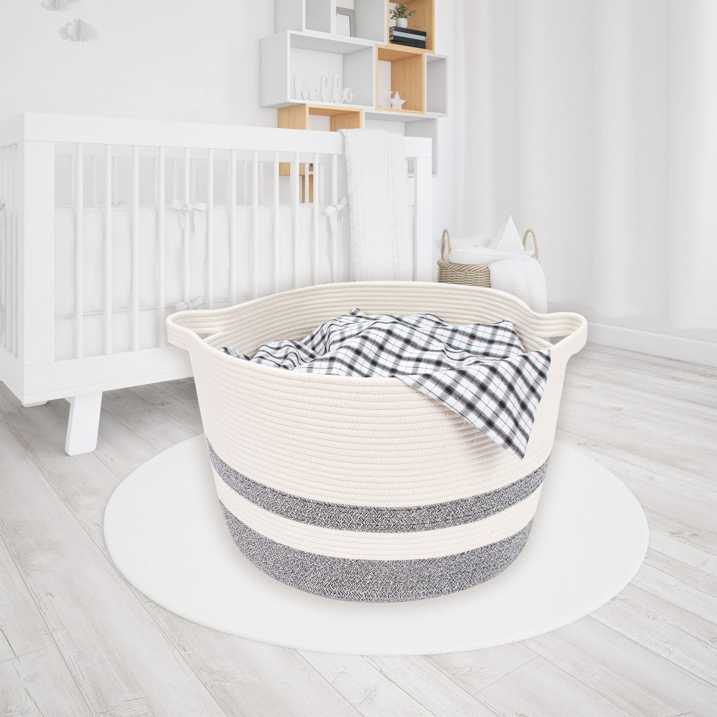 JEKOSEN Extra Large Laundry Basket 22" x 22" x 14" Cotton Rope Basket Woven Storage for Toys Blankets Towels Cushions with handle Living Room Laundry Hamper Grey