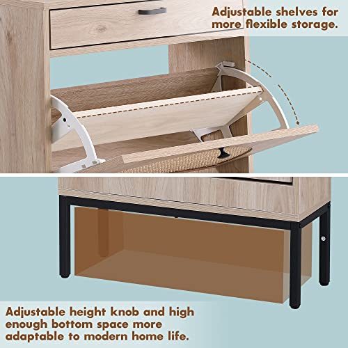 Brafab Shoe Storage Cabinet with 2 Flip Drawers&1 Small Drawer, Slim Entryway Shoe Organizer with Half Round Woven Rattan Doors for Sneakersā¦