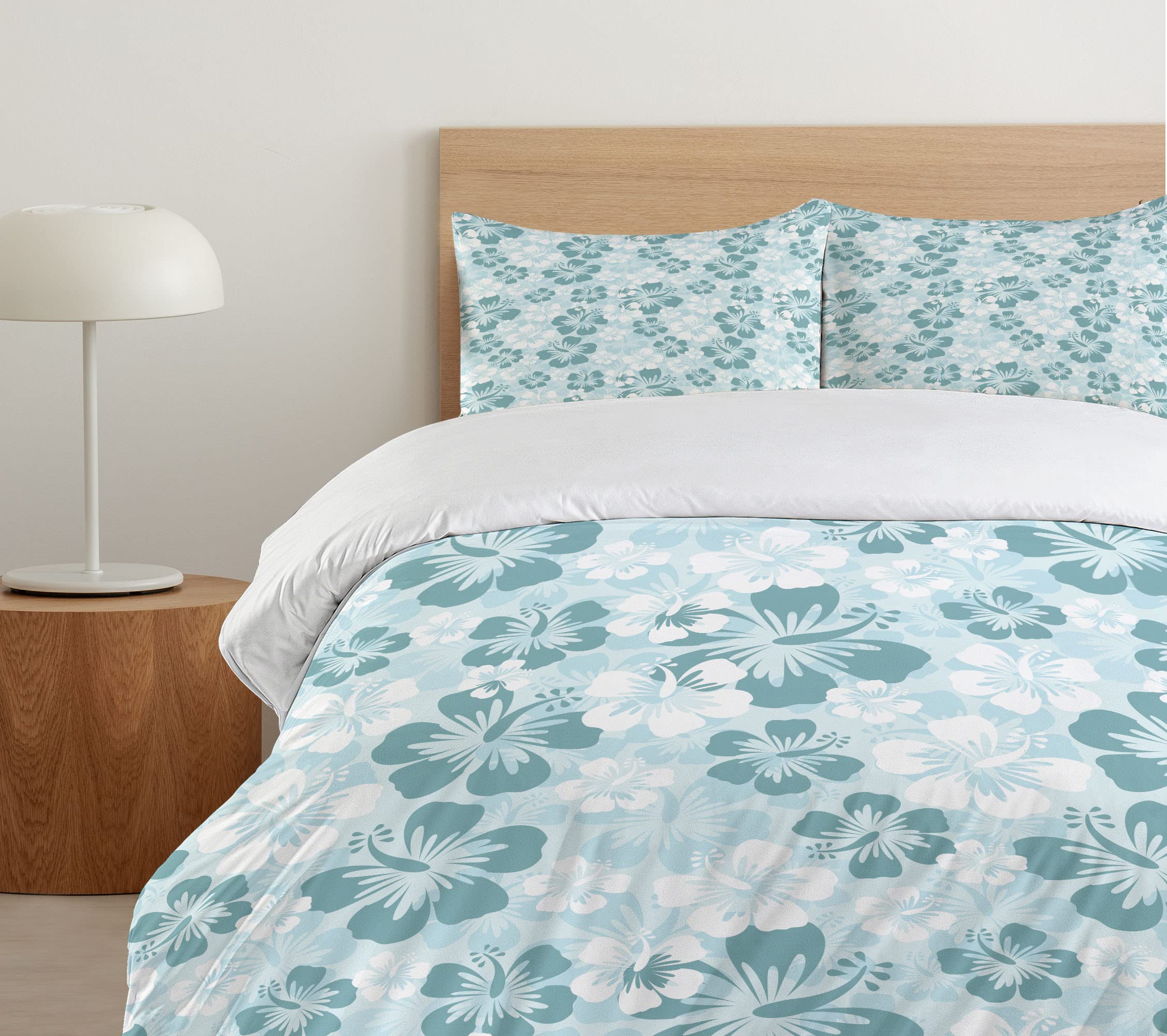 Ambesonne Hawaiian Duvet Cover Set, Rainforest Sea Coasts Palm Trees Happy Times Simple Monochromic Art, Decorative 3 Piece Bedding Set with 2 Pillow Shams, Queen Size, Blue White