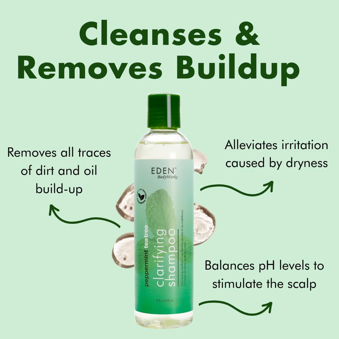 EDEN BodyWorks Peppermint Tea Tree Clear Clarifying Shampoo for Oily Hair, Dry Hair, Curly Hair - Scalp Cleansing Shampoo for Build Up & Dandruff - Paraben & Sulfate Free - 8 oz.