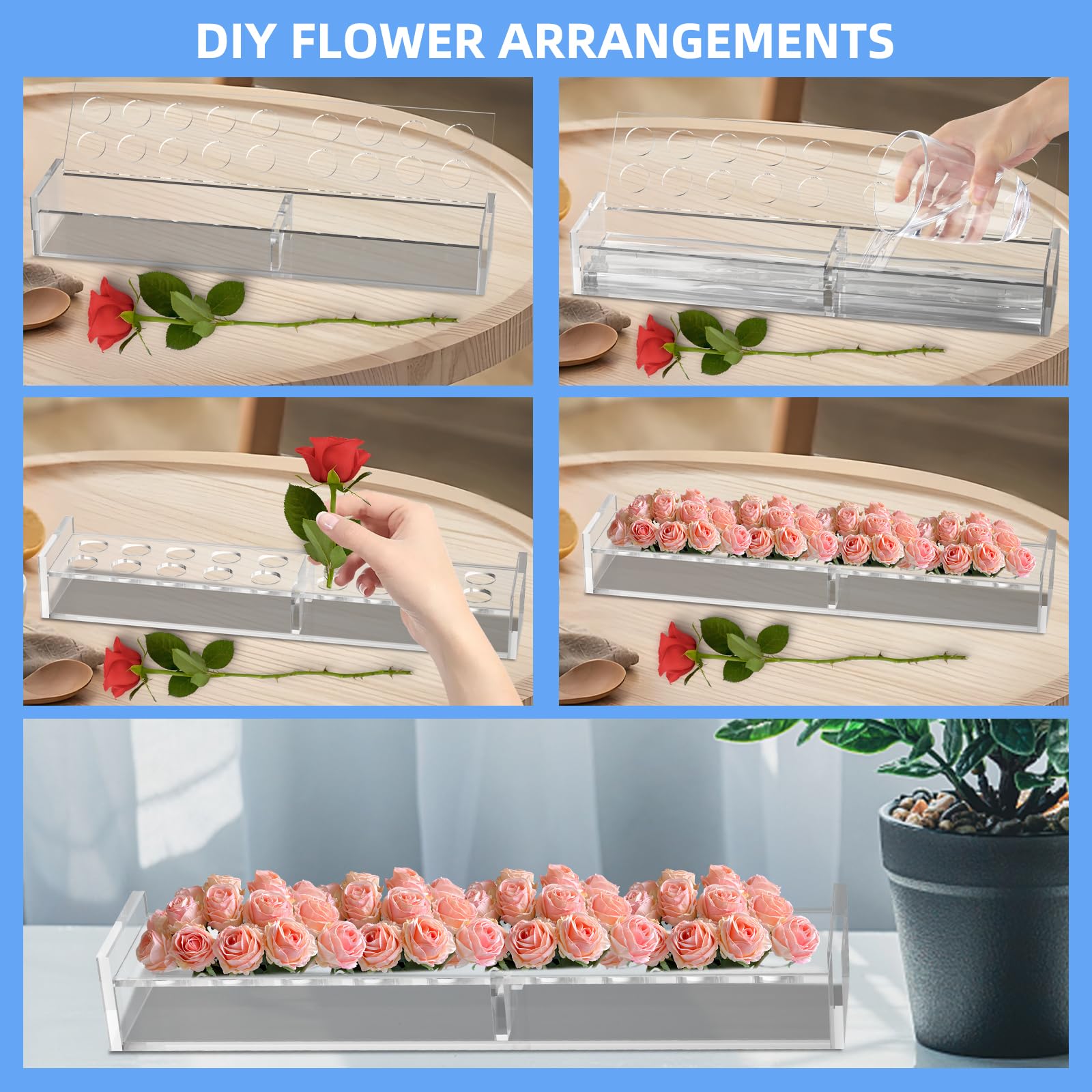 Acrylic Flower Vase Rectangular,18 Inches Clear Acrylic Vase,Long Acrylic Vase with 18 Holes,Low Laying Unique Flower Vases for Home Decor or Weddings
