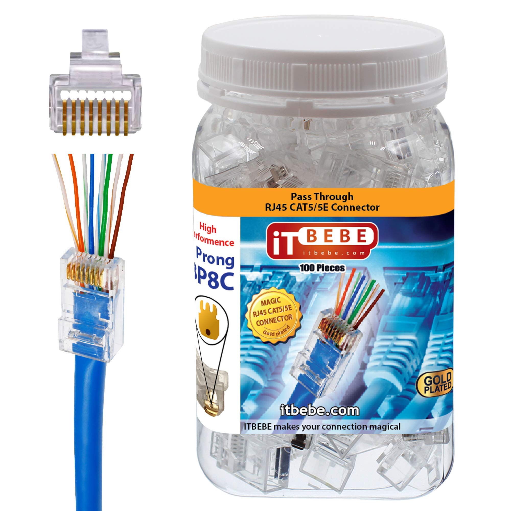 ITBEBE Gold Plated 100 Pieces End Pass Through RJ45 Cat5 Cat5e Connector by itbebe (Cat5/5e 100 Pieces)