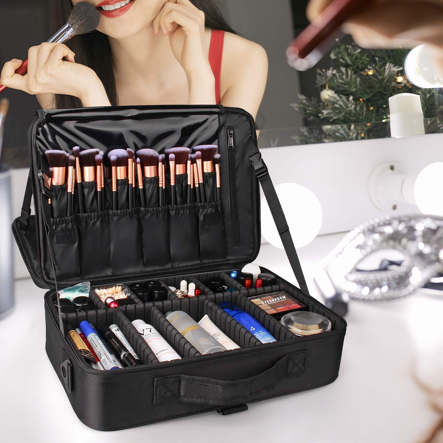 Relavel Makeup Bag Travel Makeup Train Case Large Cosmetic Case Professional Portable Makeup Brush Holder Organizer and Storage with Adjustable Dividers (black L)