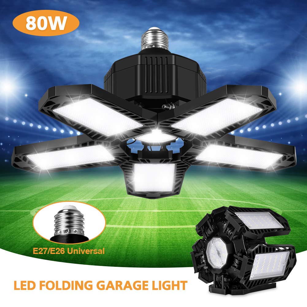 80W LED Garage Light 2 Pack, Garage Ceiling Light,8000 Lumen Adjustable Light LED Garage Day Light with Five Deformable Panels for Garage Workshop