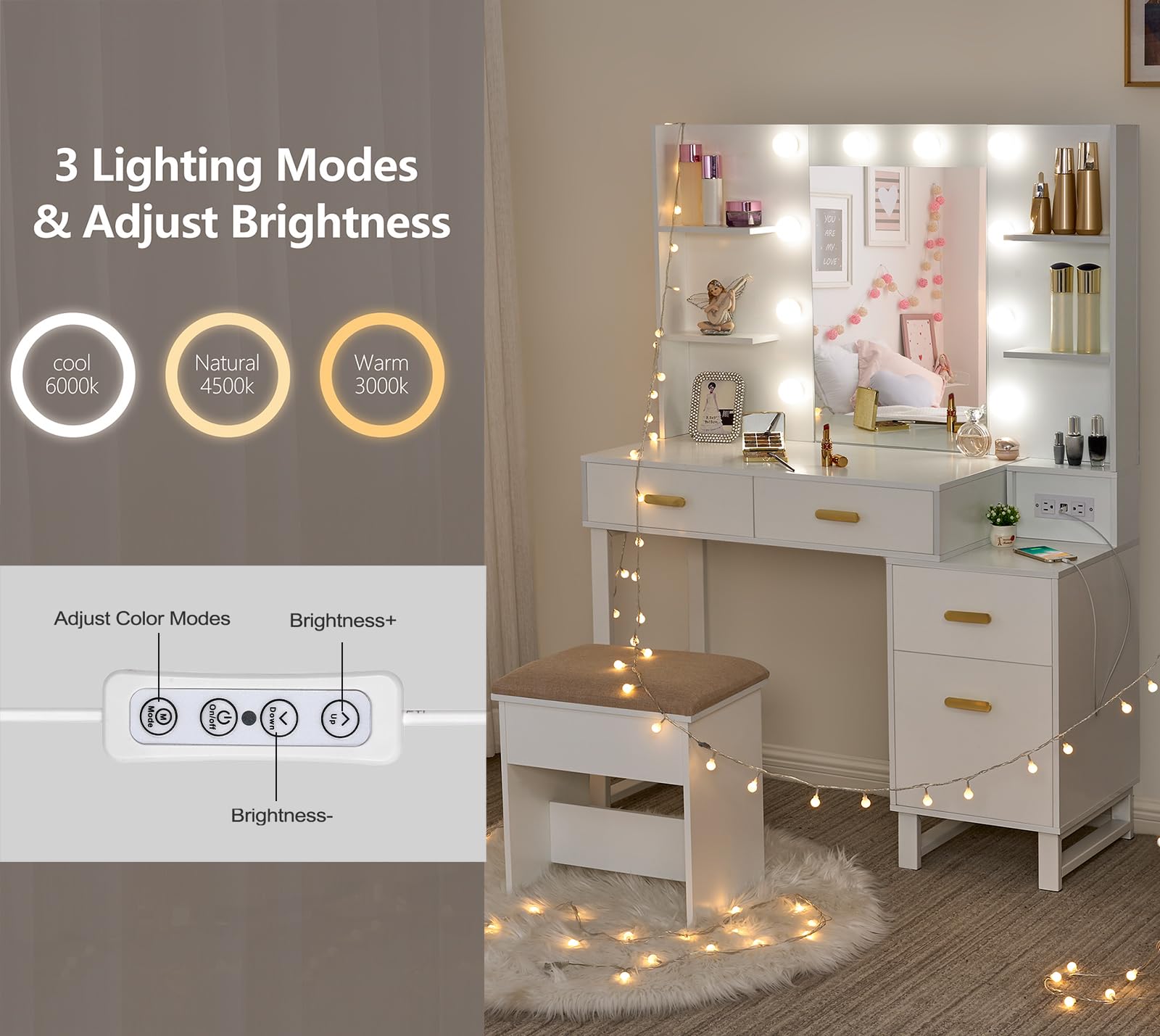 ANWBROAD Makeup Vanity Desk Vanity Set with 10 LED Bulbs Lighted Mirror Makeup Vanity Table Set with Charging Station Nightstand 3 Colors Modes Dimming Cushioned Stool Large Mirror White UBDT53W