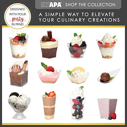 Ilyapa 100 x 2oz Mini Plastic Dessert Cups with Spoons - Dessert Shooter Plastic Glasses, Elegant Mini Appetizer Cups for Chocolate & Cheesecake, Mini Tumbler Square Cup, Puddings, Mousse, Parfaits