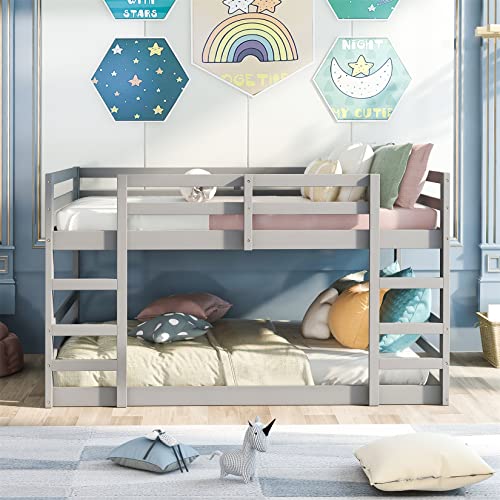 Bunk Beds Full Over Full Low Bunk Bed Frame Wood Floor Bunkbed for Kids Toddlers Boys Girls Teens’ Bedroom Dorm, Gray