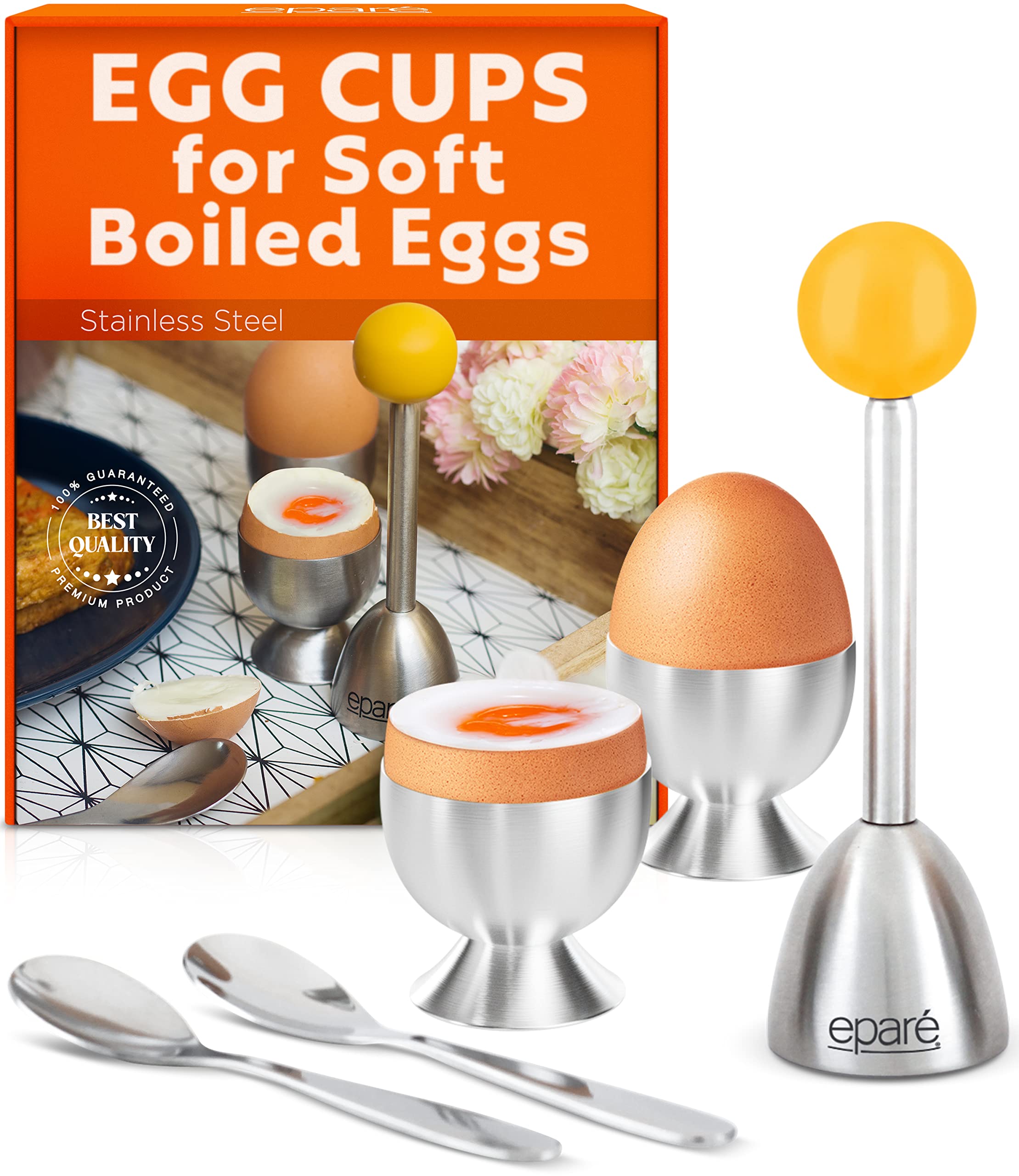 Egg Cups for Soft Boiled Eggs with Spoons - Stainless Steel Egg Topper - Durable Egg Opener Topper Cutter - Giftable Egg Cracker Tool & Soft Boiled Egg Holder Cutter by EparƩ
