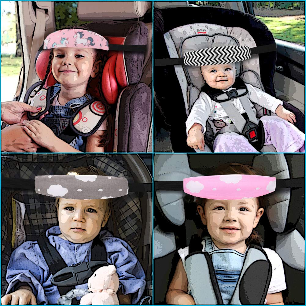 Accmor Baby Carseat Head Support Band Strap 4 Pack for Carseats Stroller Neck Relief Head Strap for Toddler Child Kids Infant(Black Wave + Pink Unicorn +Pink/Grey Cloud Pattern)