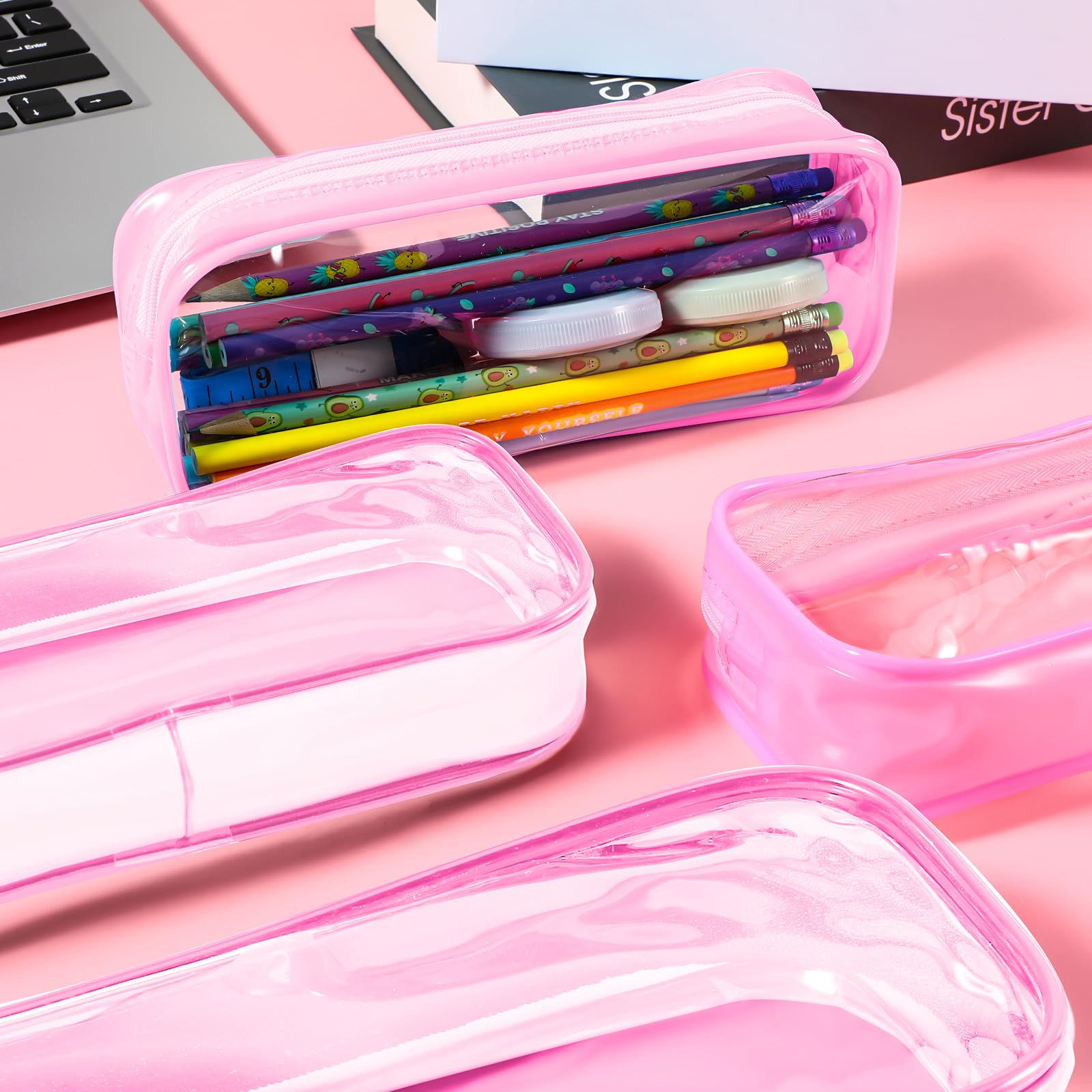 Fulmoon 30 Pcs Pencil Case Clear PVC Zipper Durable and Thick Pencil Bag Makeup Pouch Clear Zipper Pen Pouches Clear Pencil Case for Pencils Cosmetics(Pink)