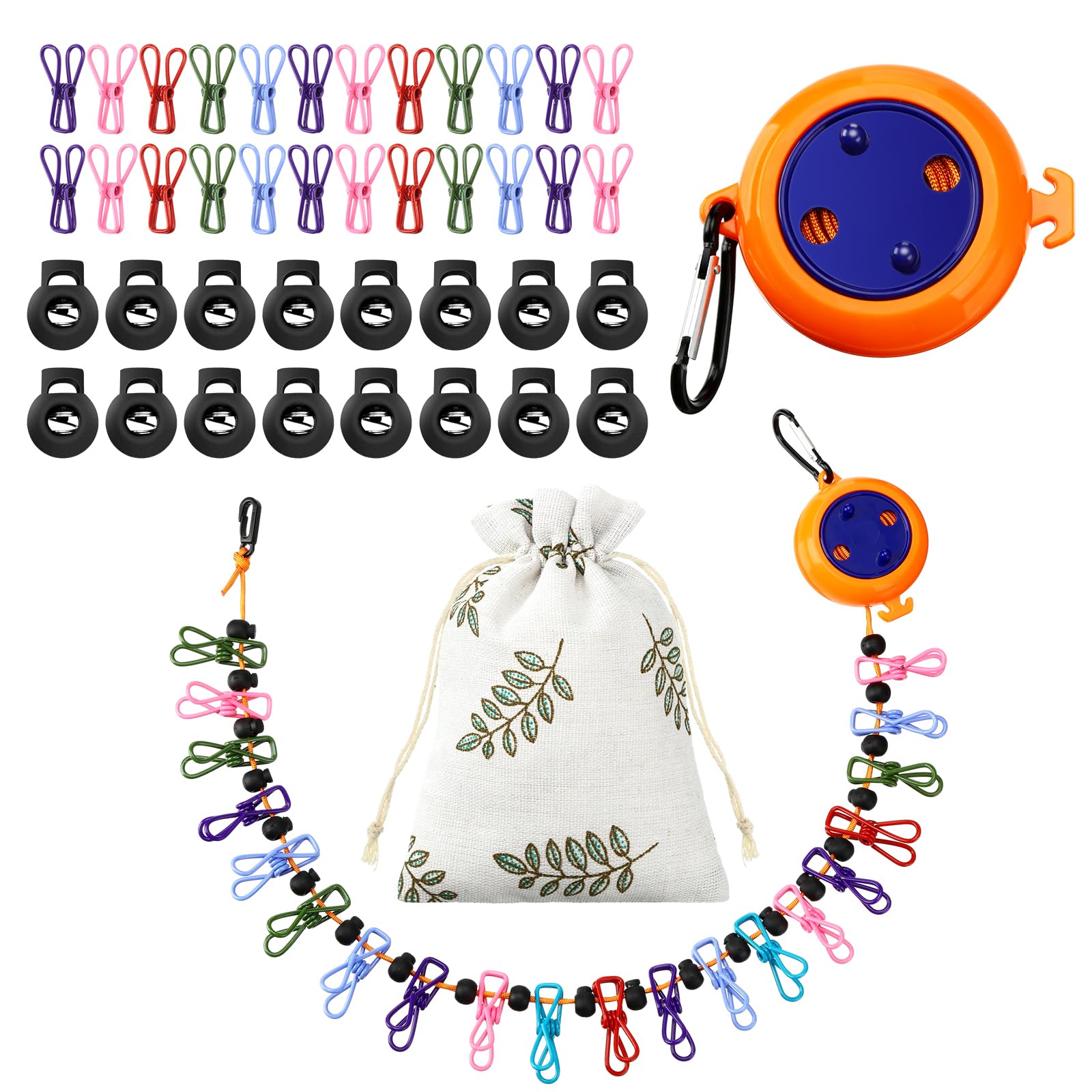 Windyun Portable Travel Clothesline Cord Adjustable 26ft Camping Clothes Line Laundry Drying Rope with 24 Colorful Windproof Clothespins 24 Stoppers 1 Storage Bag for Hotel Trip Cruise Outdoor Indoor