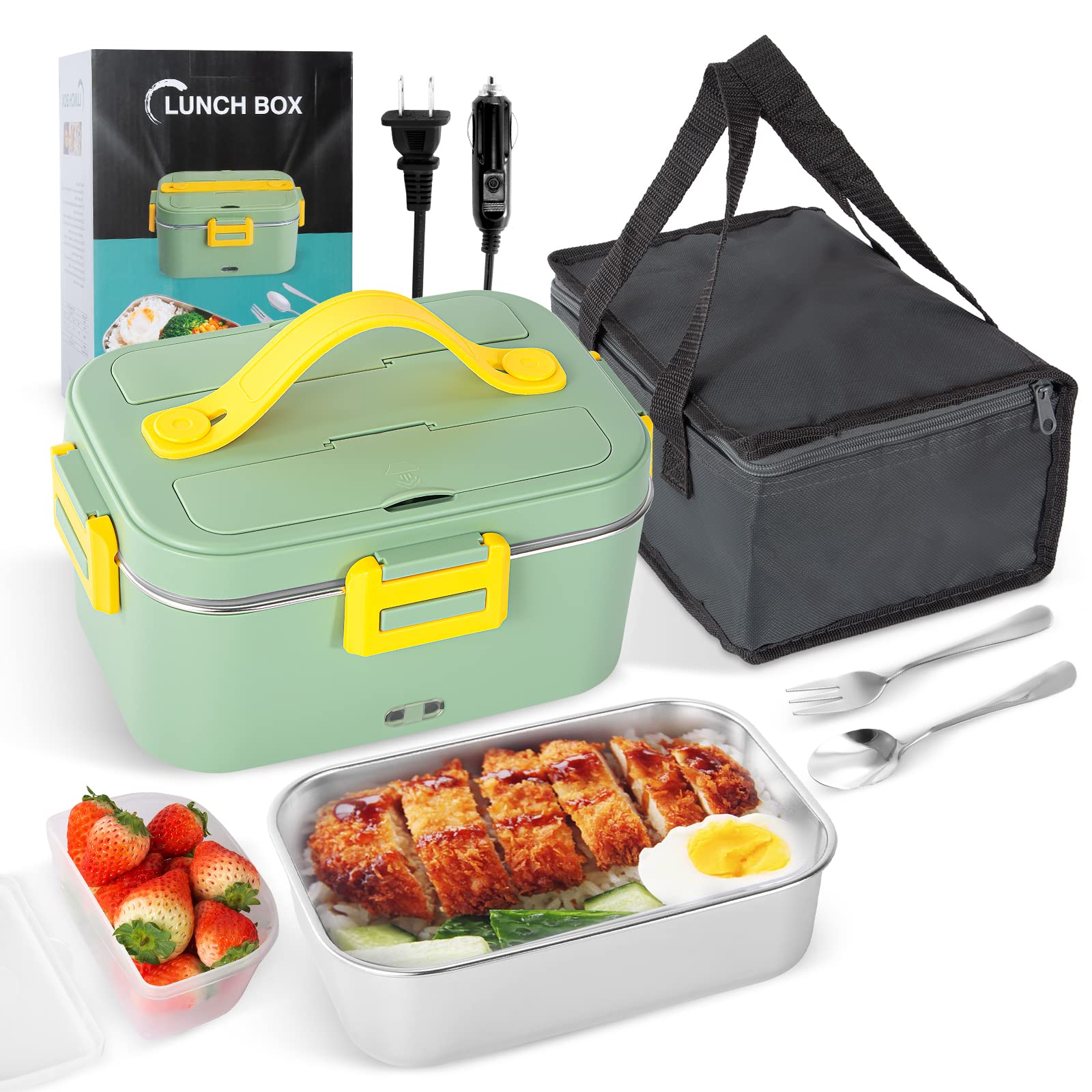 AIDENOEY 3-in-1 1.8L Electric Heating Lunch Box, High power 75W, Removable 304 Stainless Steel Container Larger capacity, 12V/24V/110V Food Warmer Lunch Box Truck Home Office,free fork&spoon